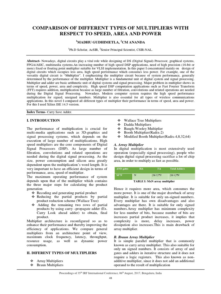 Comparison of Different Types of Multipliers With | PDF | Digital ...