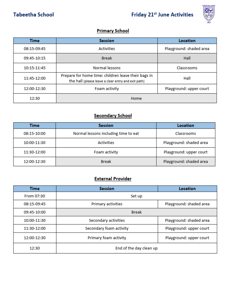 Friday 21st June Activities Timetable | PDF