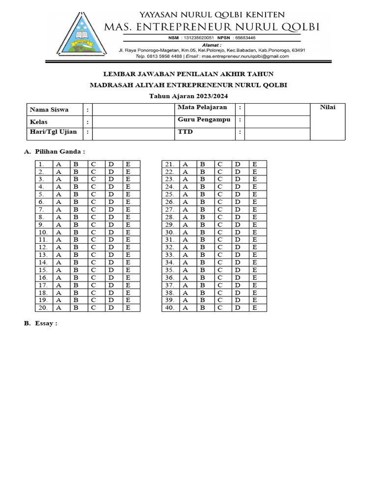 Lembar Jawaban Pat Ma - MTS | PDF