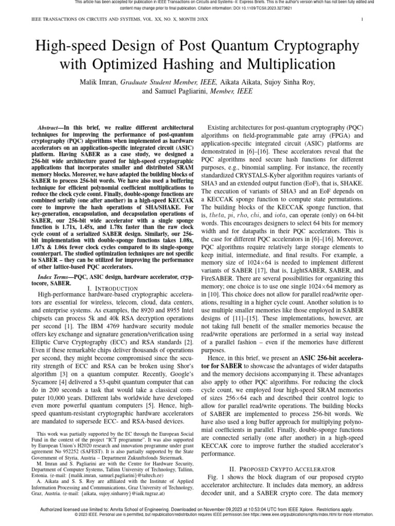 High-Speed Design of Post Quantum Cryptography With Optimized Hashing and Multiplication | PDF ...