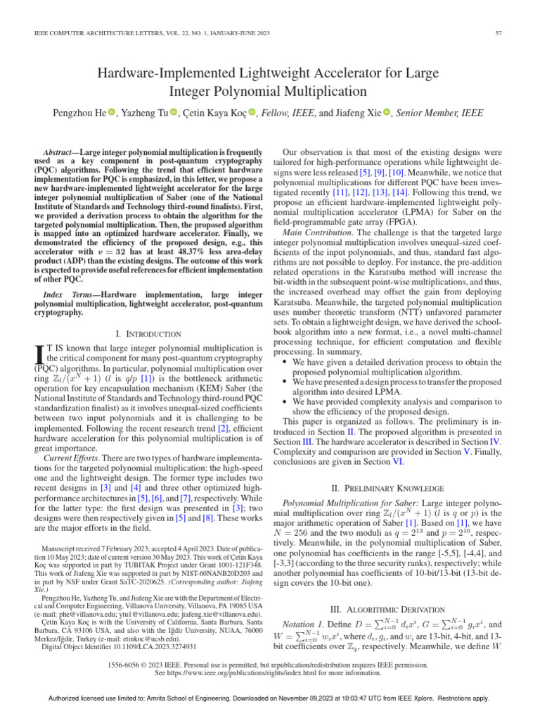 Hardware Implementedlightweightacceleratorforlargeintegerpolynomialmultiplication 