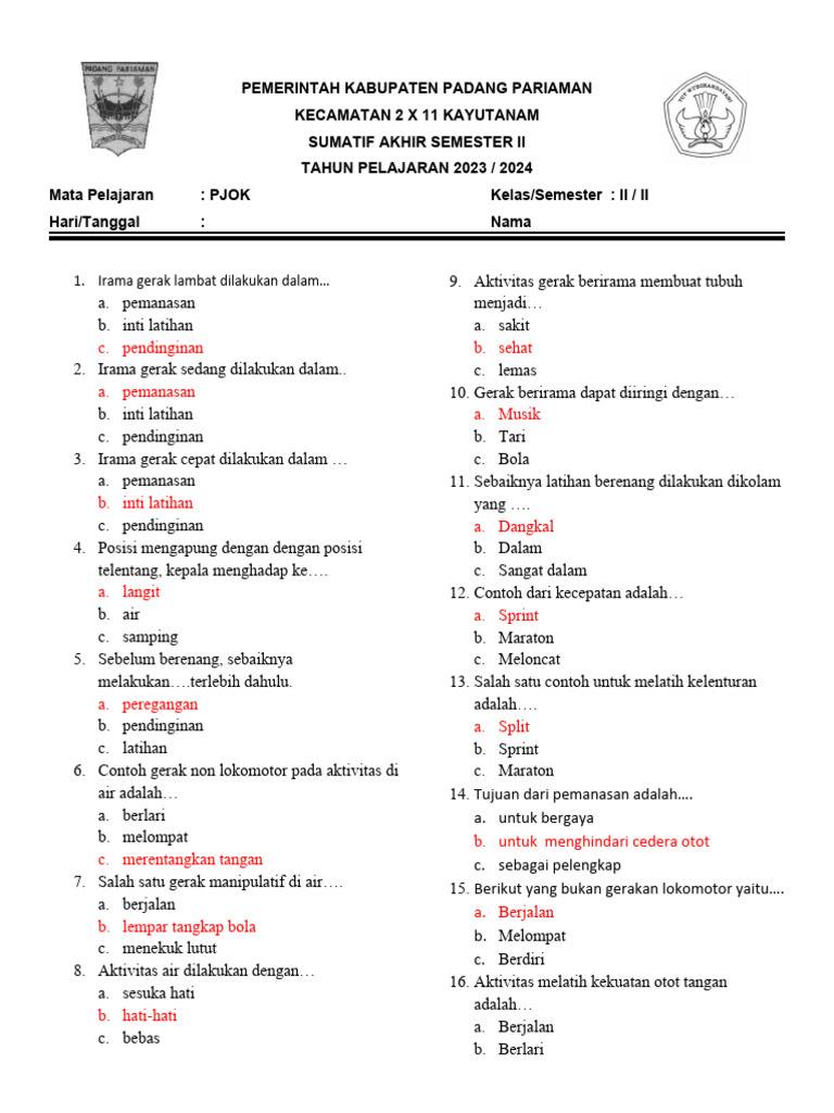 Soal PJOK Kelas II Semester 2 Juni 2024 | PDF