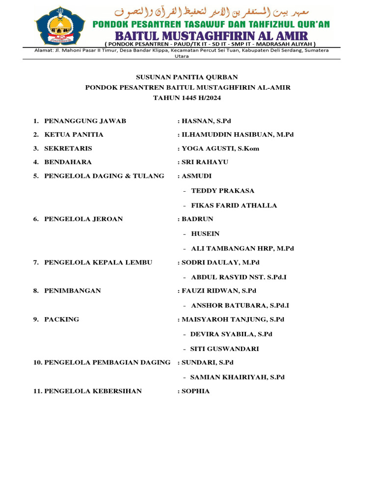 Susunan Panitia Qurban 2024 | PDF