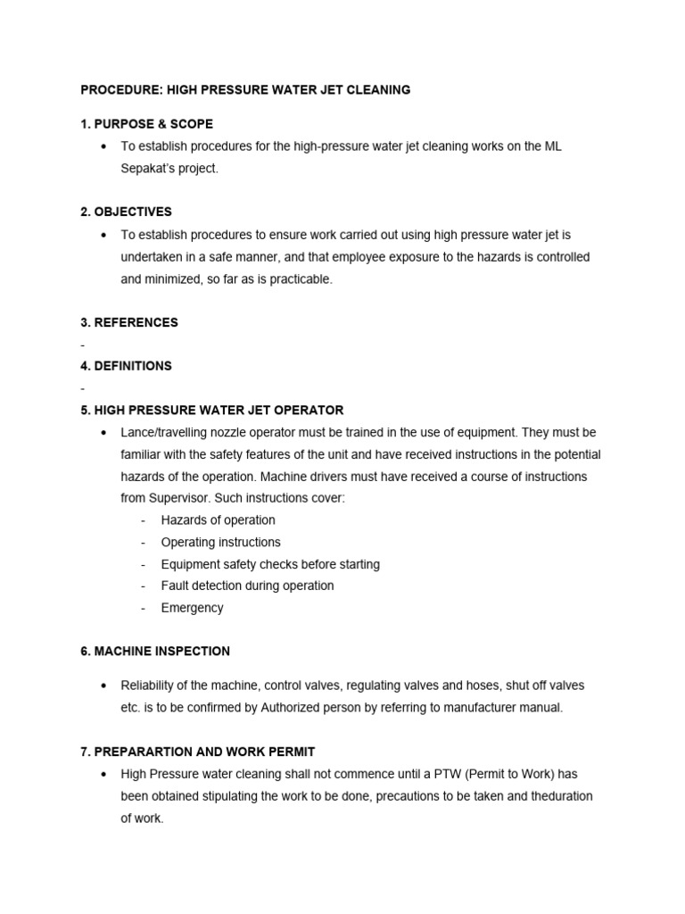 High Pressure Water Jet Cleaning Procedure | PDF | Valve | Occupational ...