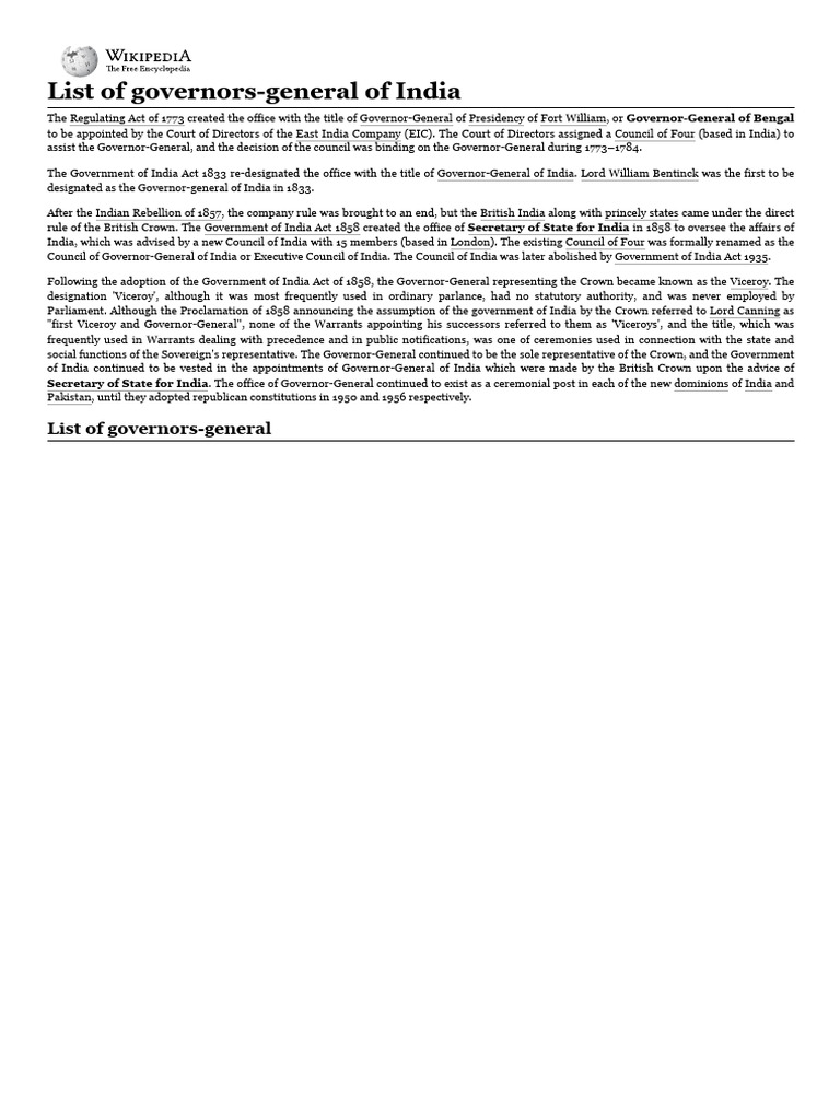 List of Governors-General of India - Wikipedia | PDF | British India ...