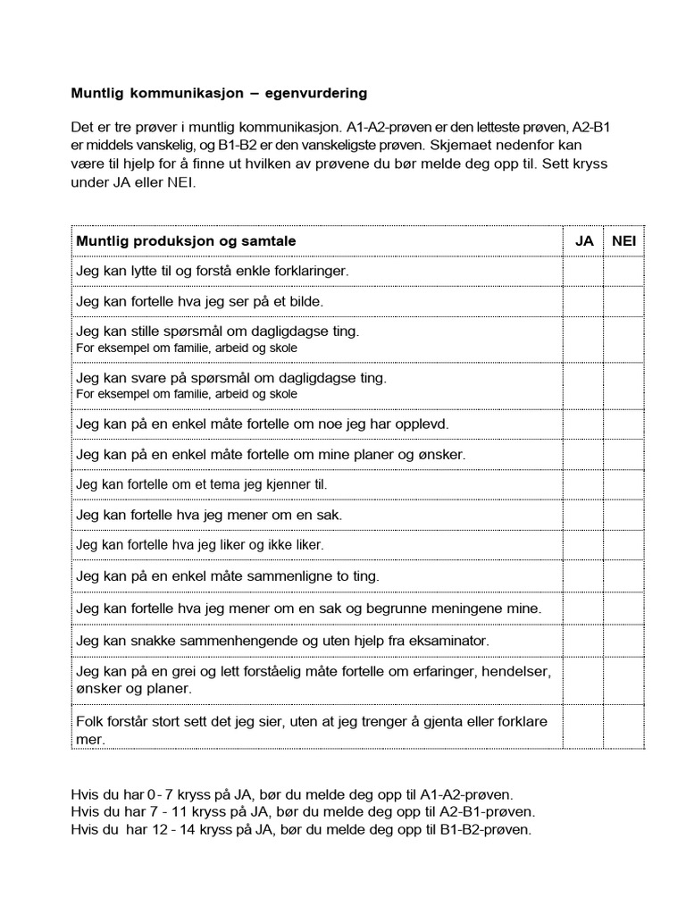 Egenvurdering Muntlig Kommunikasjon BM | PDF