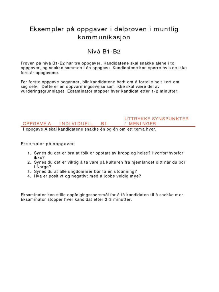 Eksempler Pa Oppgaver I Delproven I Muntlig Kommunikasjon Niva b1 b2 Bokmal | PDF