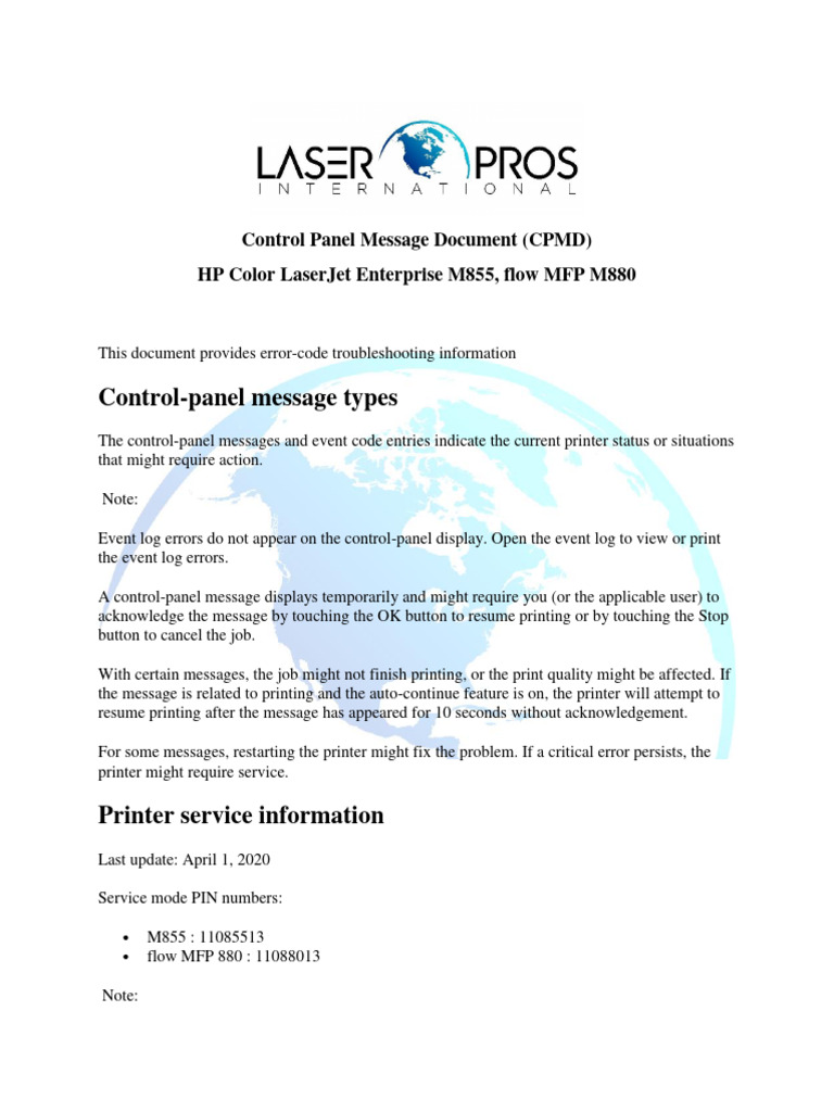 Updated Error Codes m855 m880 CPMD 4.2020 | PDF | Printer (Computing) | Office Work