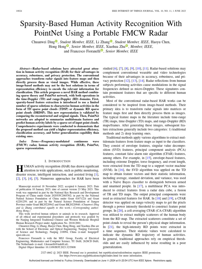 Sparsity-Based Human Activity Recognition With PointNet Using A Portable FMCW Radar | PDF | Deep ...