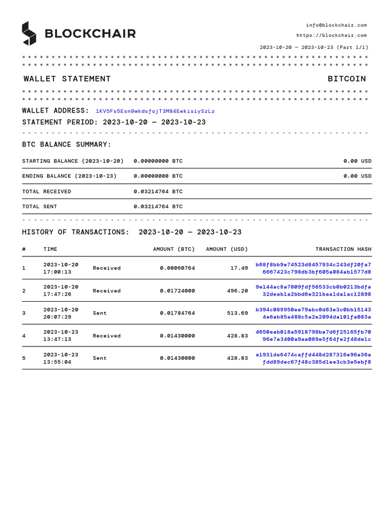 Wallet Statement 1 - 1 2023-10-20 - 2023-10-23 | PDF | Bitcoin ...