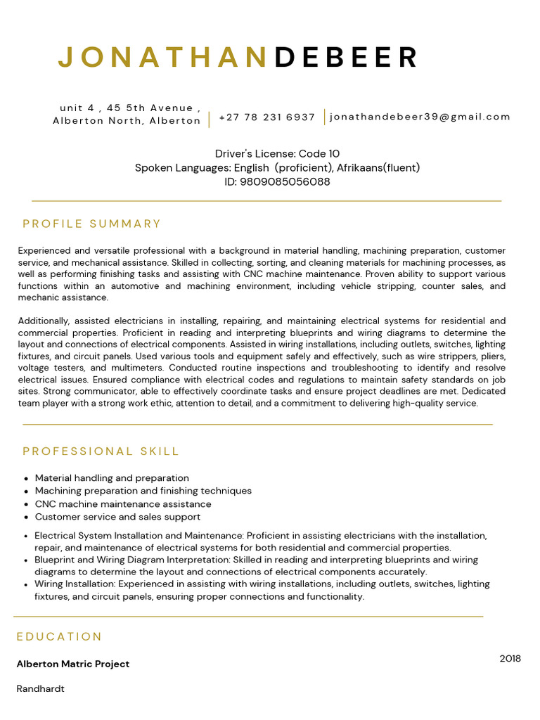 Jonathan DeBeer Curriculum Vitae | PDF | Electrician | Electrical Wiring