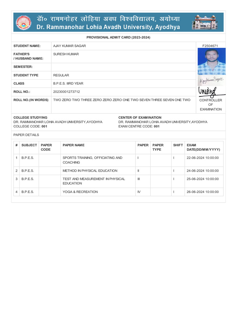 AJAY KUMAR SAGAR - Admitcard - 6 - 18 - 2024 | PDF