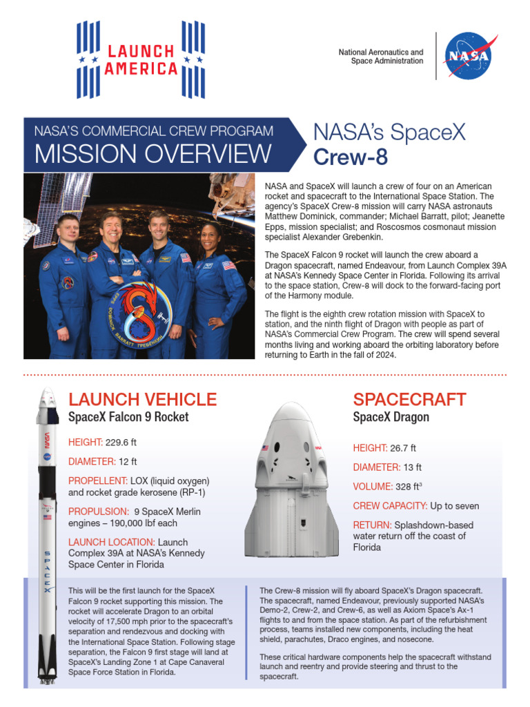 Crew 8 Mission Overview Final | PDF | Space X | Nasa