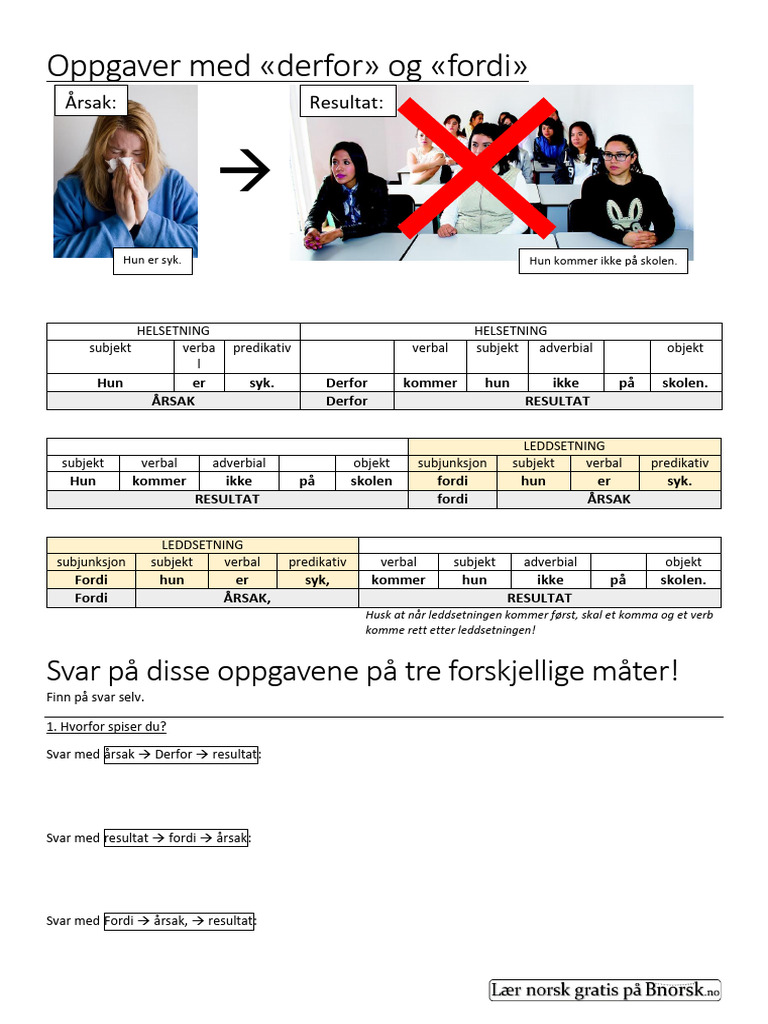 Derfor Og Fordi - Oppgaver - Bnorsk - No | PDF