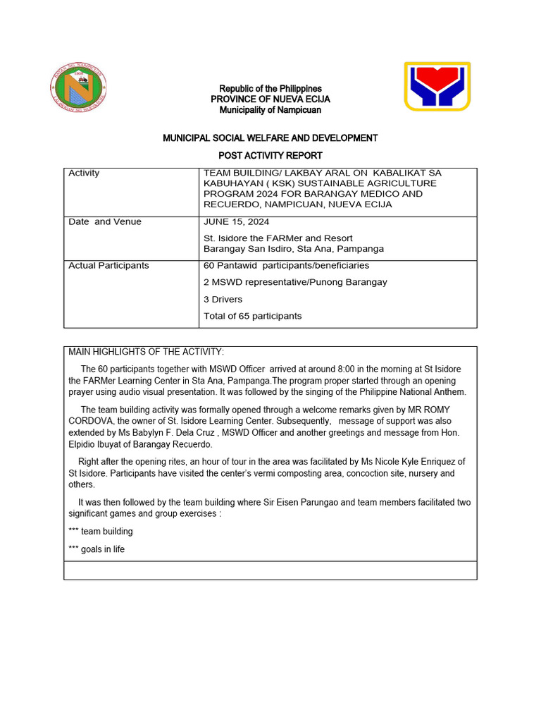Post Activity Report, Team Building, Sta Ana Pampanga | PDF