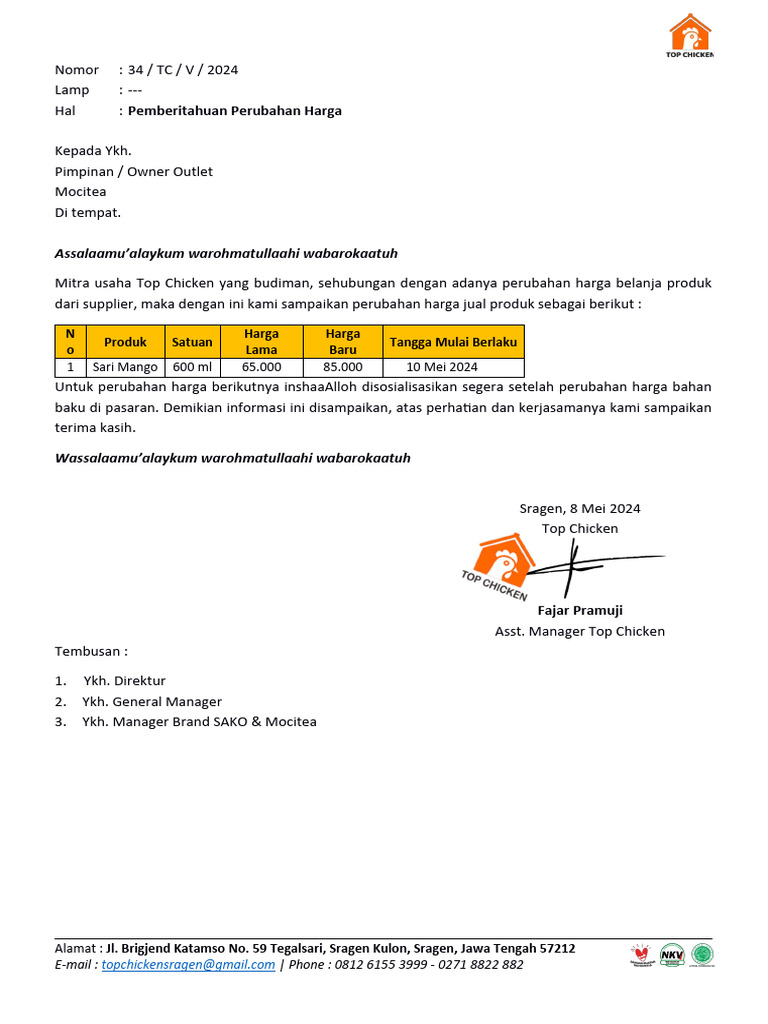 Surat Perubahan Harga Produk | PDF | Pengelolaan Keuangan & Uang ...