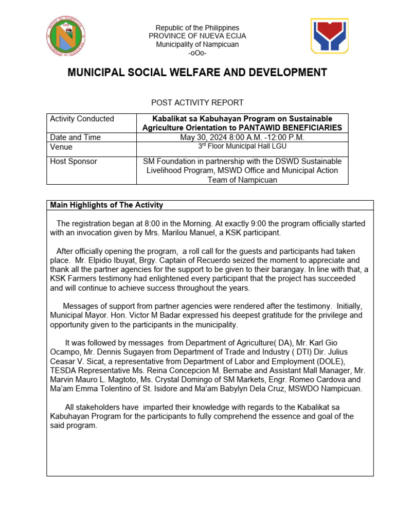 Post Activity Report KSK Orientation | PDF | Philippines | Economies