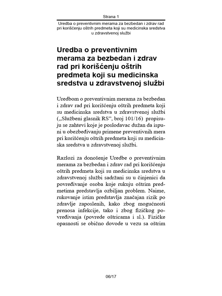 Uredba-Preventivne-Ostri Predmeti U Medicini | PDF