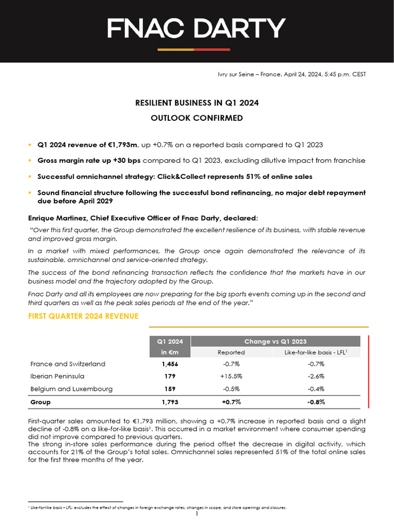 Fnac Darty Q1 2024 Revenue Report | PDF | Interest | Bonds (Finance)