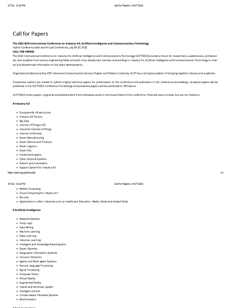 Call For Papers - IAICT'2022 | PDF | Internet Of Things | Artificial ...