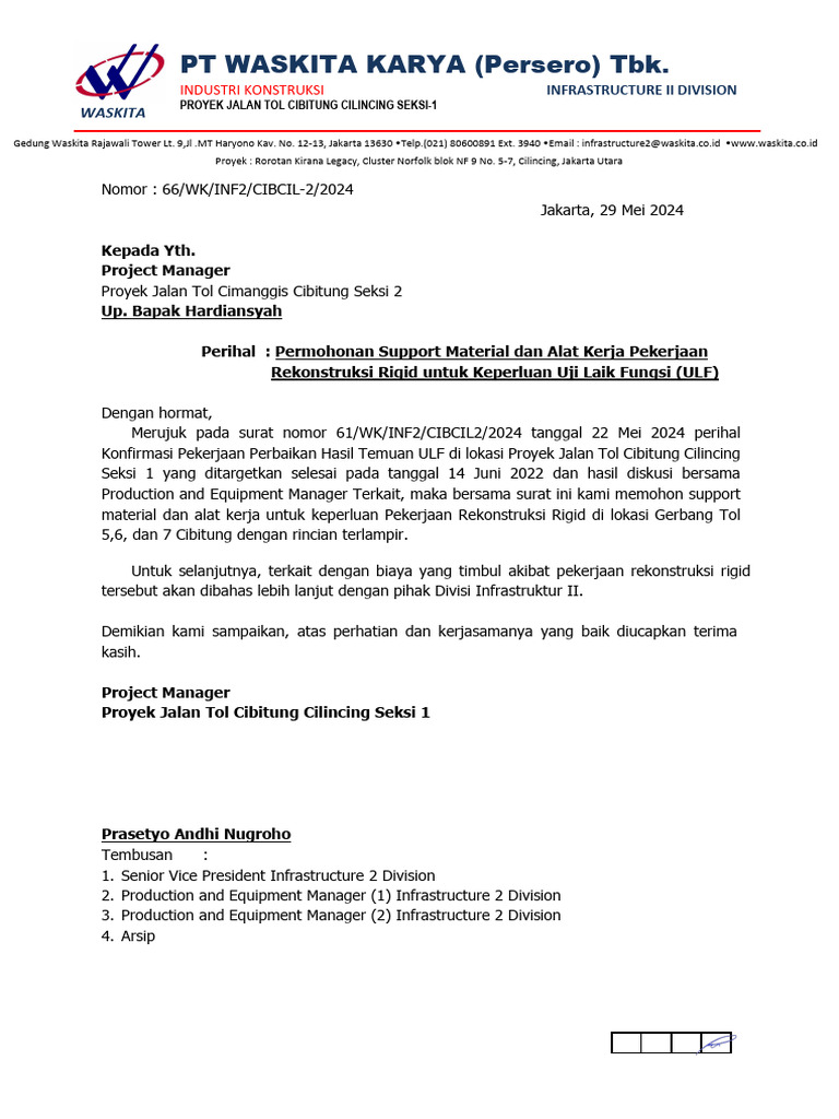 66- Surat Permohonan Support Material dan Alat Kerja Pekerjaan Rekonstruksi Rigid | PDF
