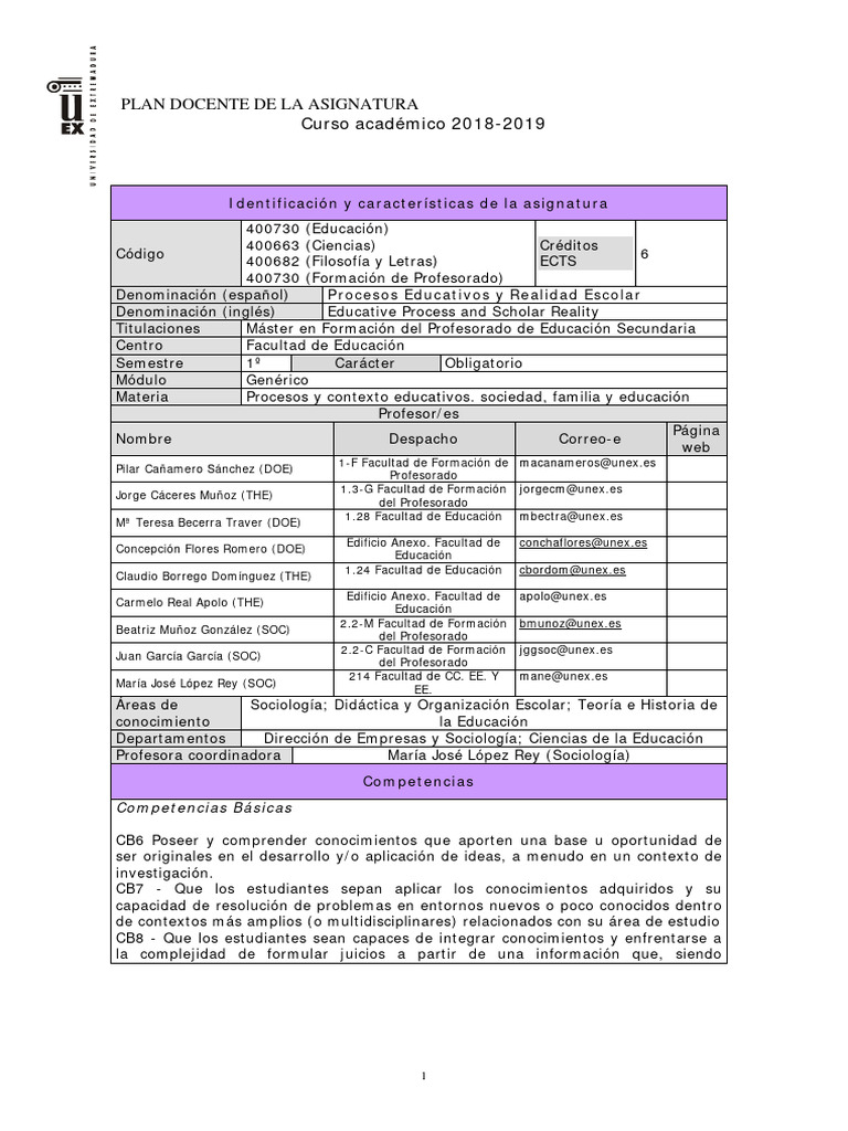 Plan Docente de La Asignatura: Curso Académico 2018-2019 | PDF | Evaluación | Aprendizaje