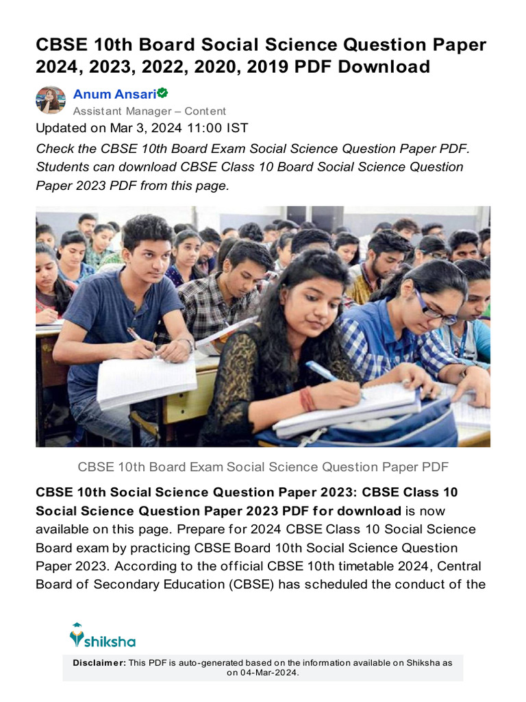 CBSE 10th Board Social Science Question Paper 2024, 2023, 2022, 2020 ...