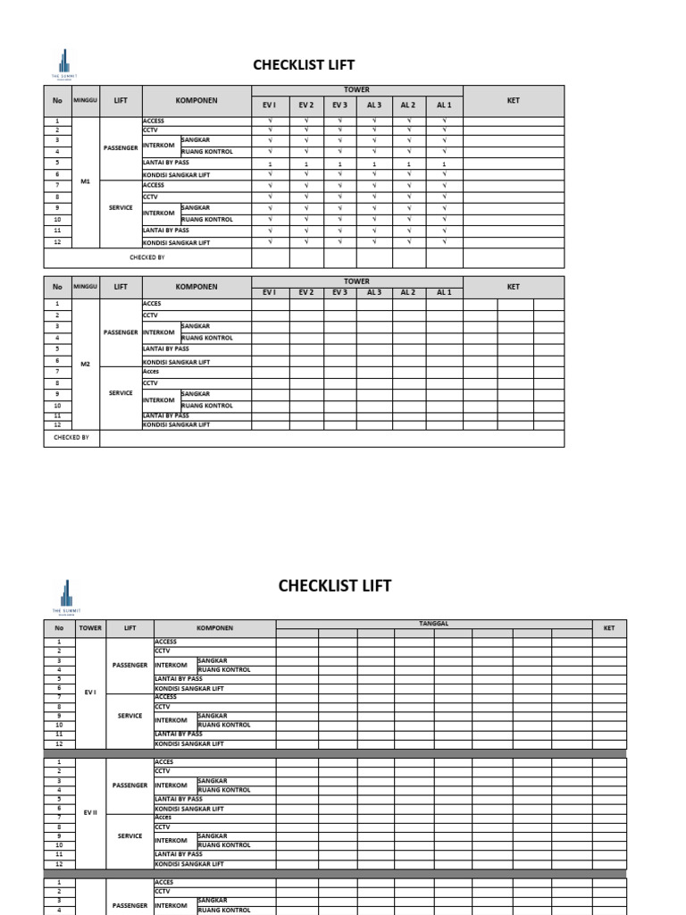 Lift Component Checklist | PDF