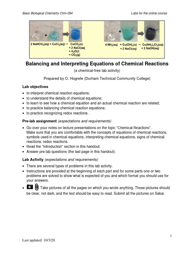 06 Lab OL Balancing Chem Equations Chm094 | PDF | Chemical Reactions ...