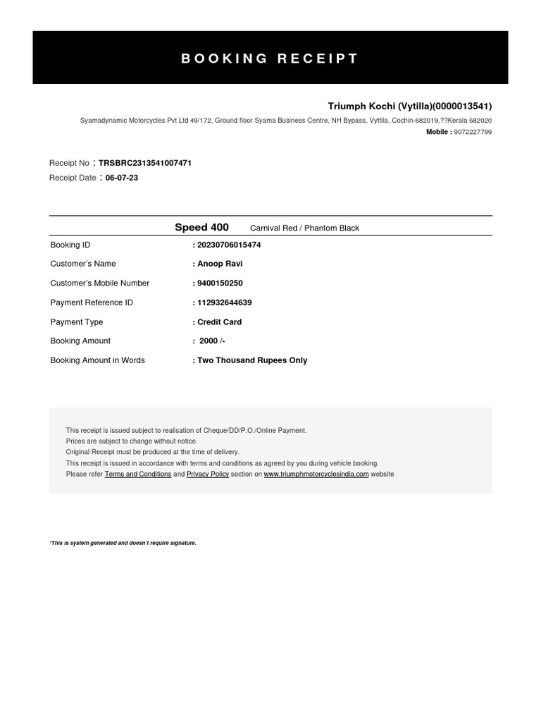 Booking Receipt: Speed 400 | PDF
