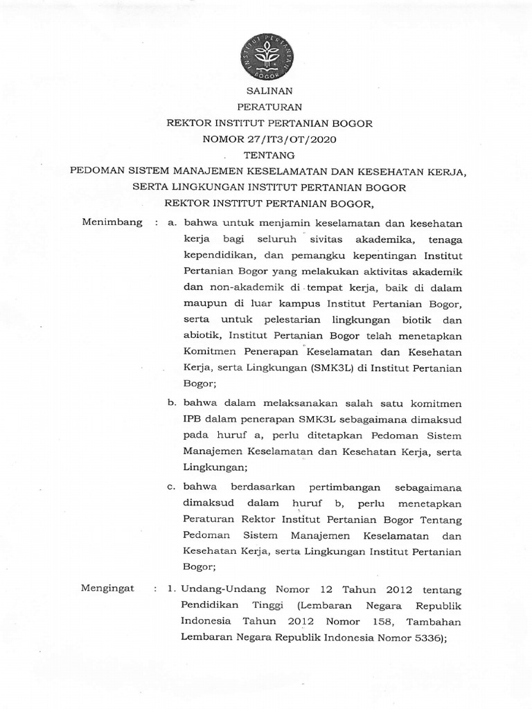 (IPB) Pedoman SMK3L SK (2020) | PDF