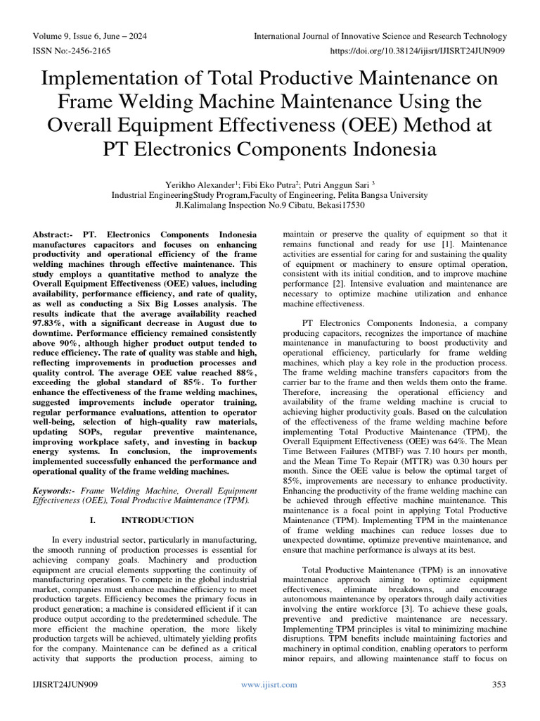 Implementation Of Total Productive Maintenance On Frame Welding Machine