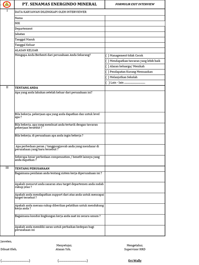 Formulir Exit Interview | PDF | Karier & Perkembangan