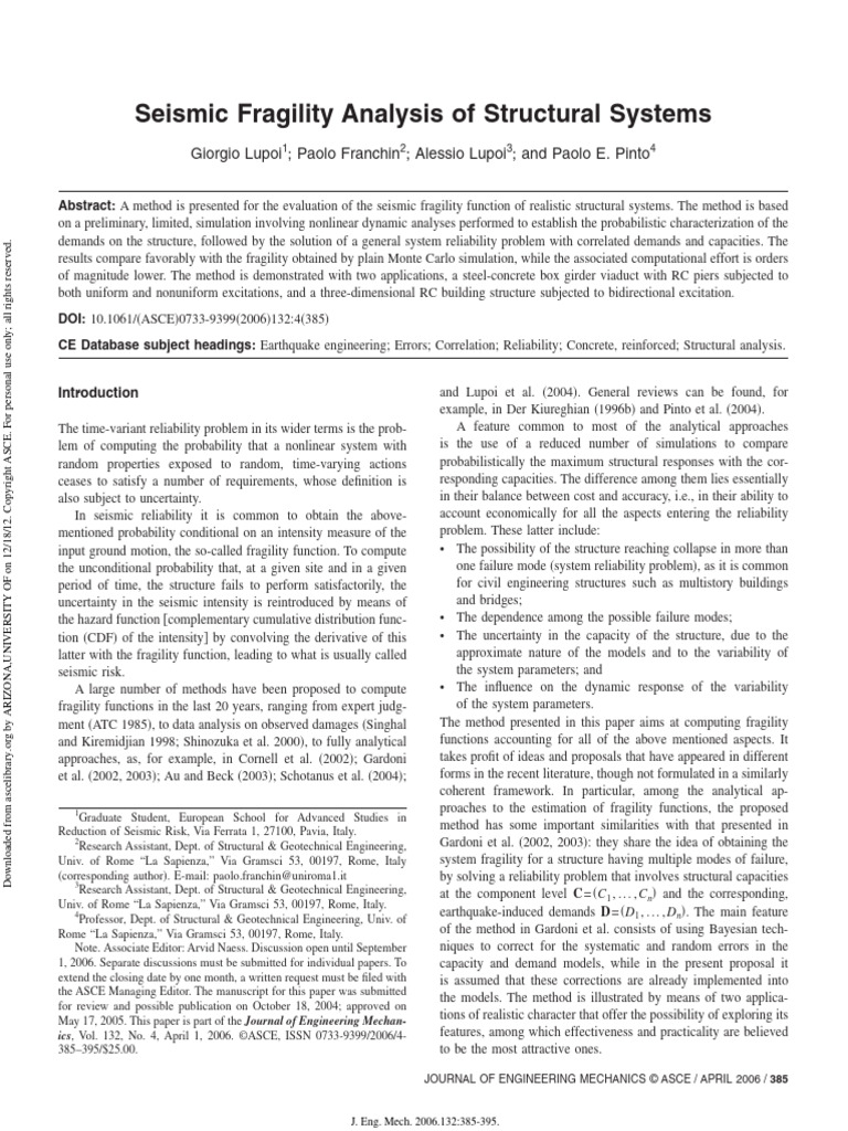 Seismic Fragility Analysis of Structural Systems. Journal of Engineering Mechanics, | PDF ...