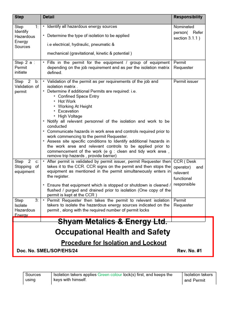 Procedure for Isolation & Lockout | PDF | Occupational Safety And ...