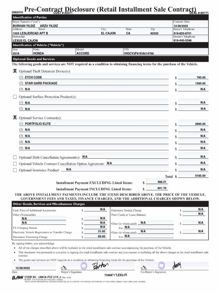 LAW California Pre-Contract Disclosure | PDF