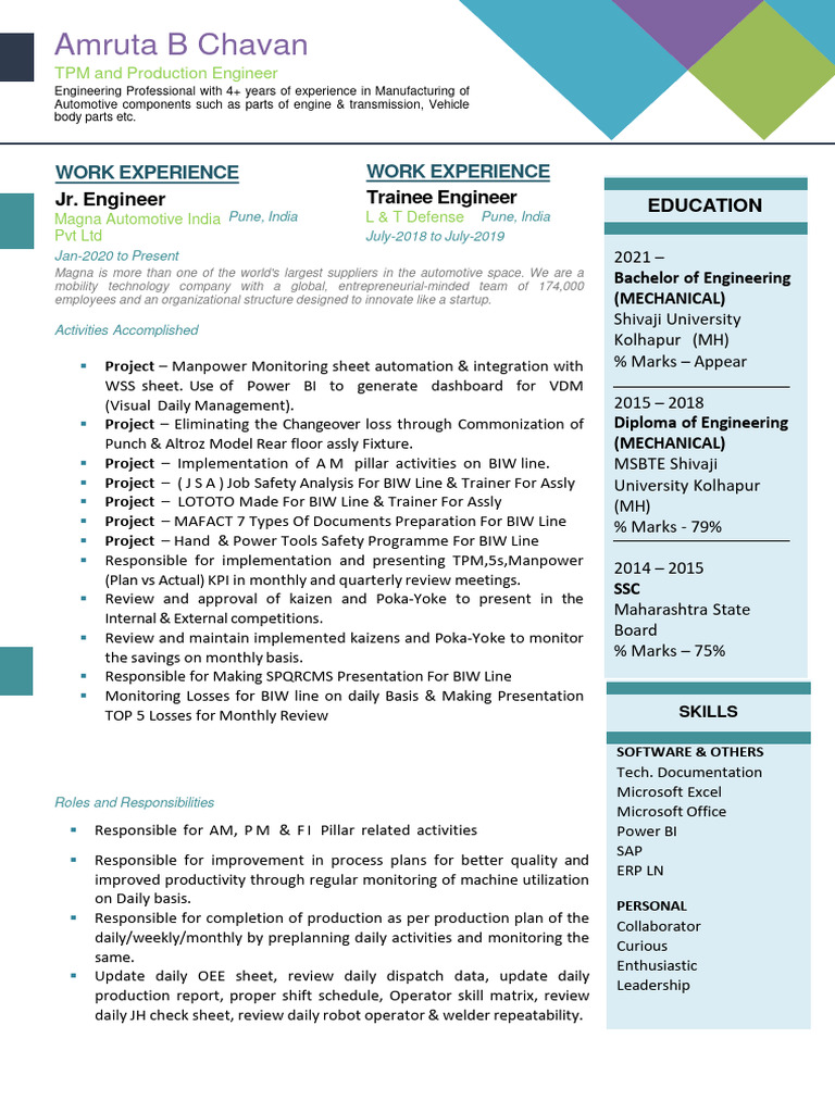 Resume - TPM and Production Amruta Chavan | PDF | Audit | Engineering