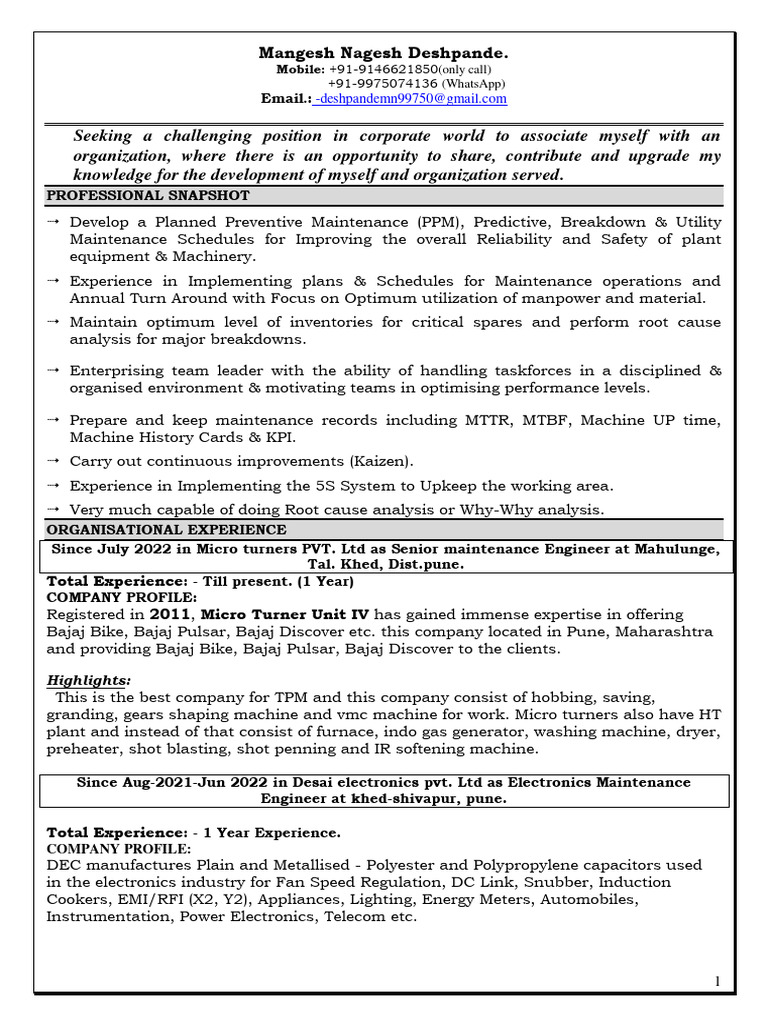 Resume Mangesh Deshpande 9146621850 | PDF | Troubleshooting | Engineering
