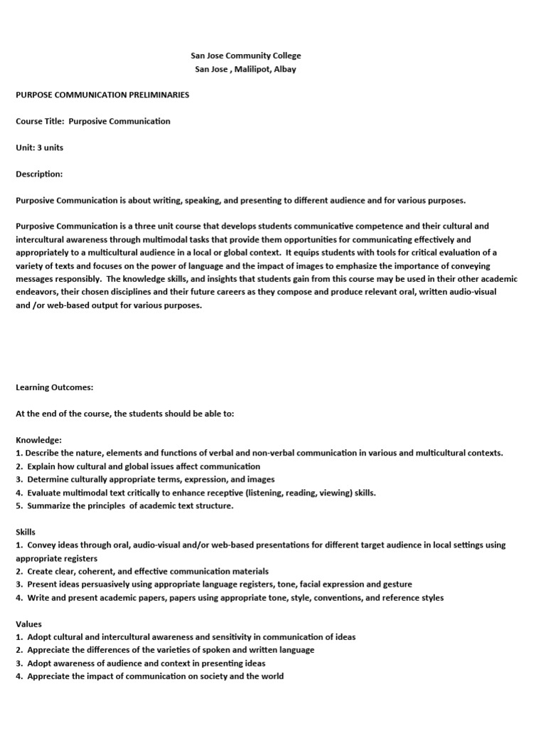 Purposive Communication Course Syllabus | PDF | Communication ...