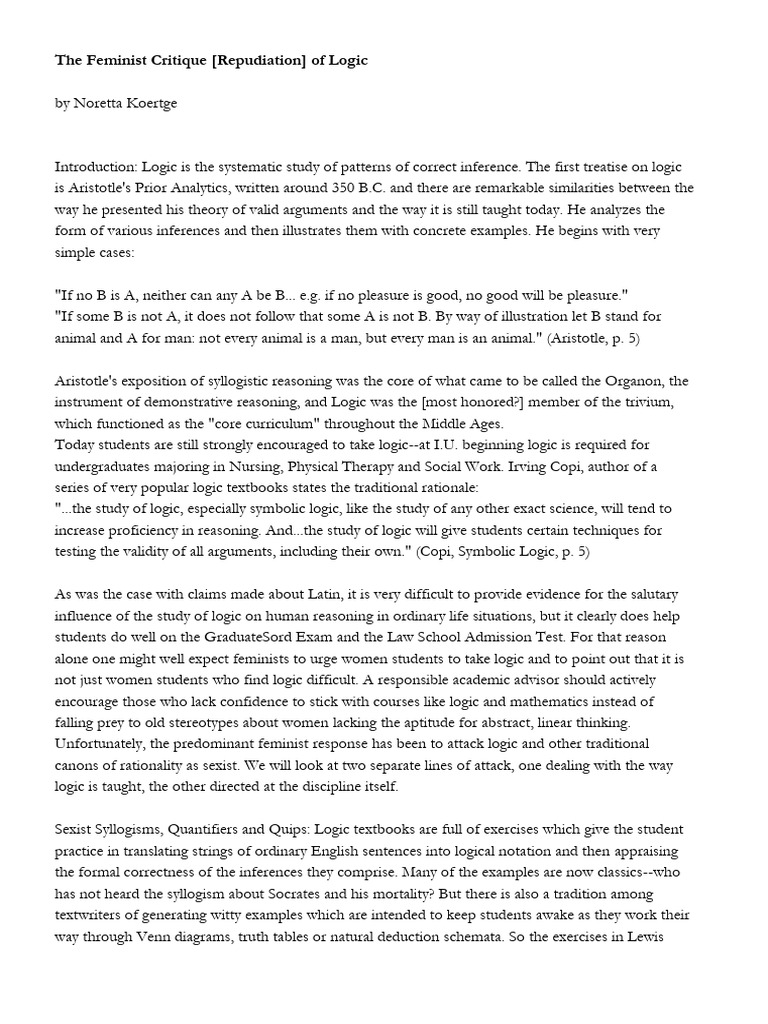 Feminist Critique of Logic Explained | PDF | Logic | Thought