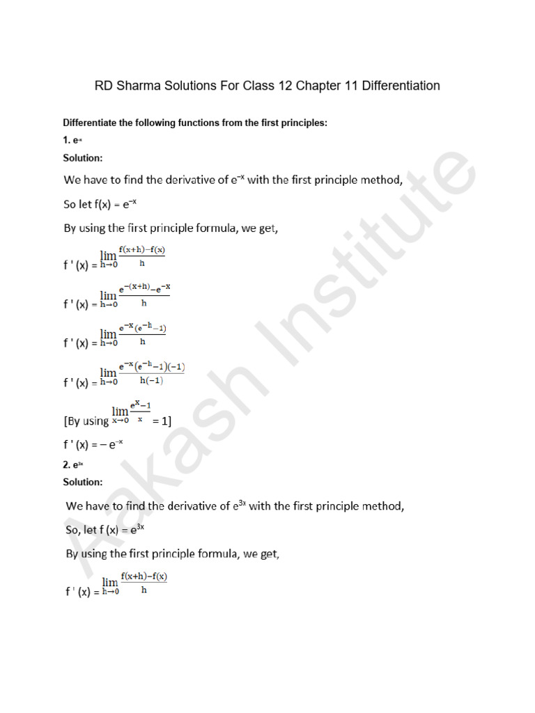 RD Sharma Solutions For Class 12 Chapter 11 Differentiation | PDF | Trigonometry | Mathematics