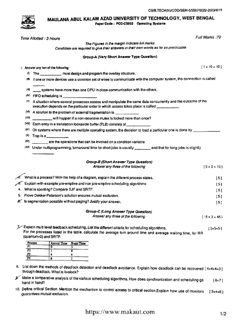 Btech PCC Cse 5 Sem Operating Systems PCC Cs502 2023 | PDF