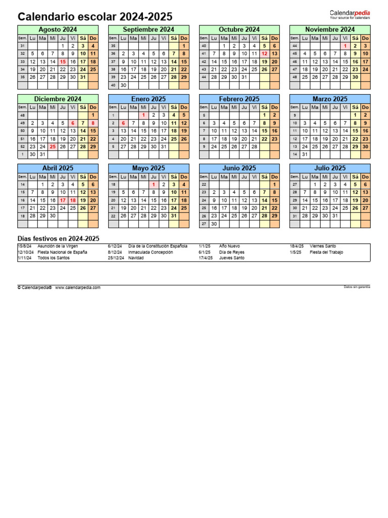 Calendario Escolar 2024 2025 Horizontal Ano en Un Vistazo | PDF