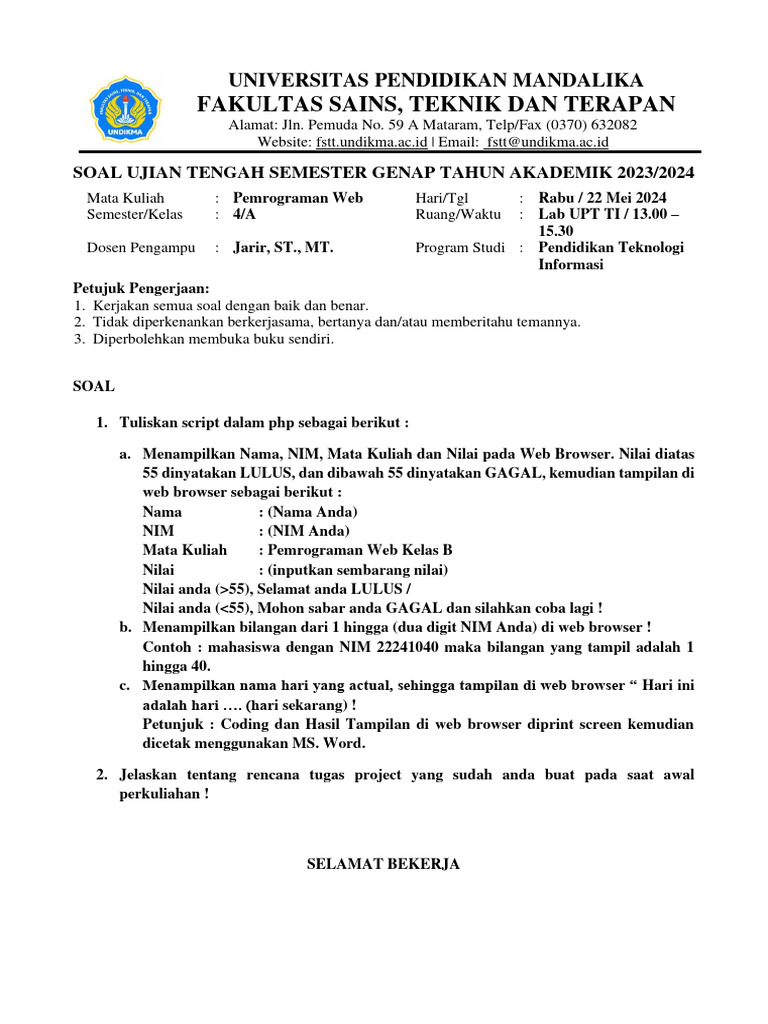 Soal Uts Pemrograman Web Genap 2023 2024 Kelas A Pdf