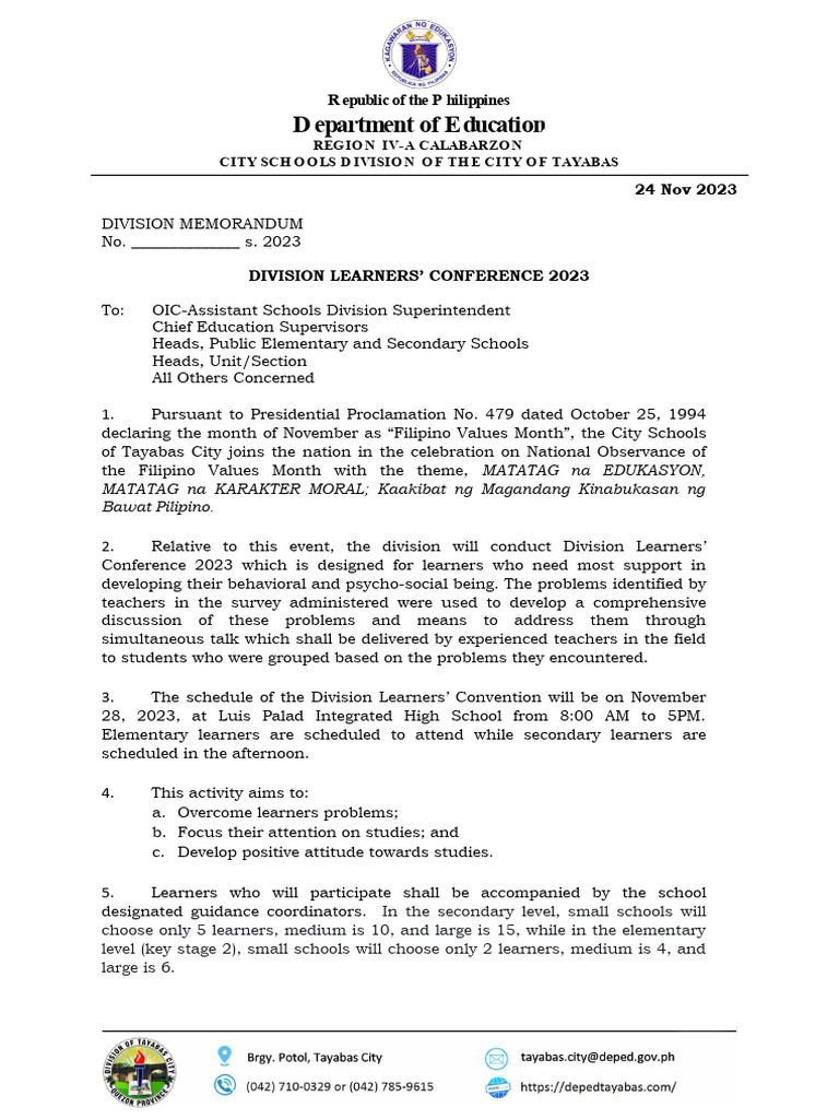 Memo On Division Learners Confernce 2023 1 | PDF | Social Psychology