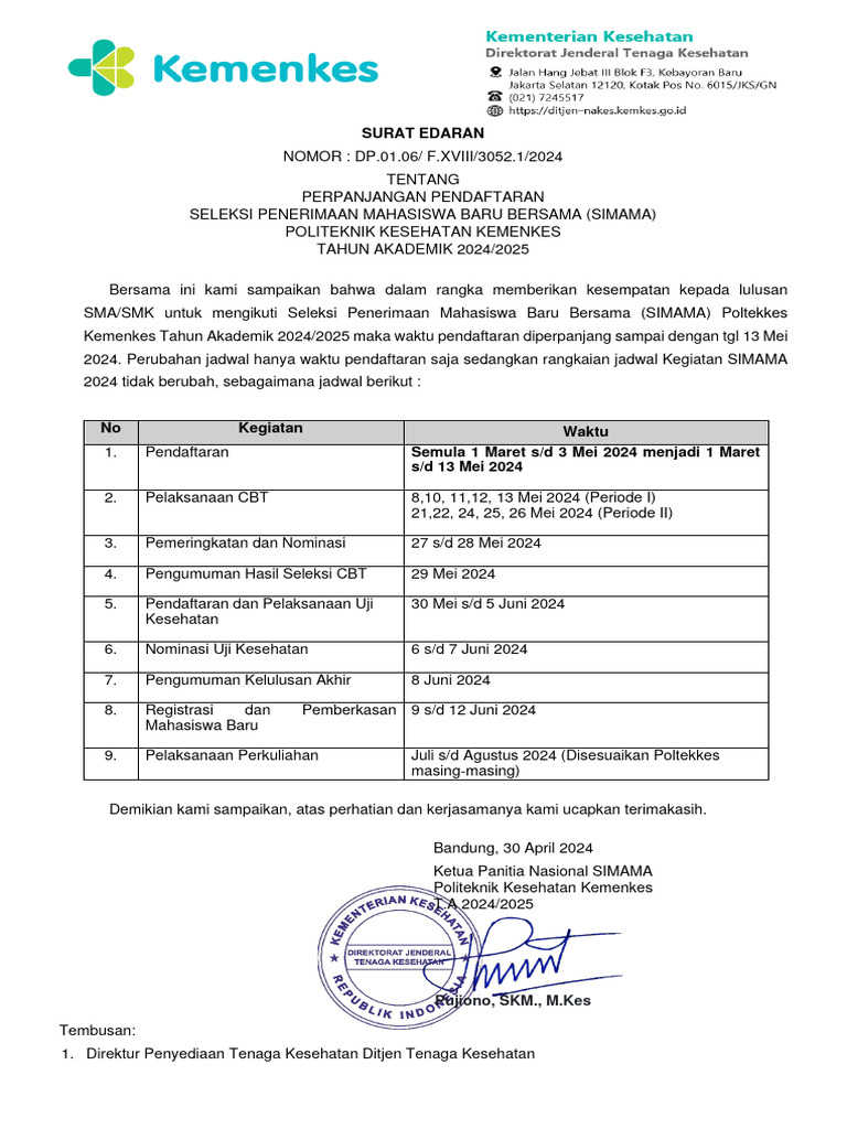 Surat Edaran Perpanjangan Pendaftaran SIMAMA TA 2024-2025 - PAK AJU | PDF