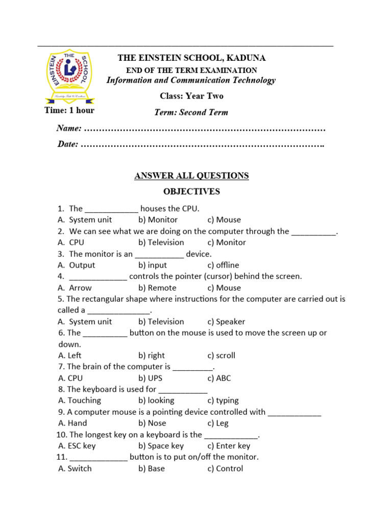 Year 2 Ict Questions | PDF | Computer Keyboard | Cursor (User Interface)