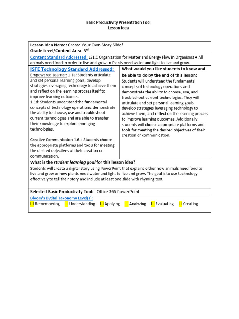 BPTs Basic Productivity Tools LESSON IDEA Template | PDF | Learning | Microsoft Power Point