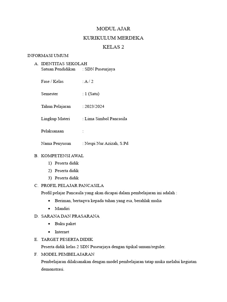 MODUL AJAR Kelas 2 Tahun 2023 2024 | PDF