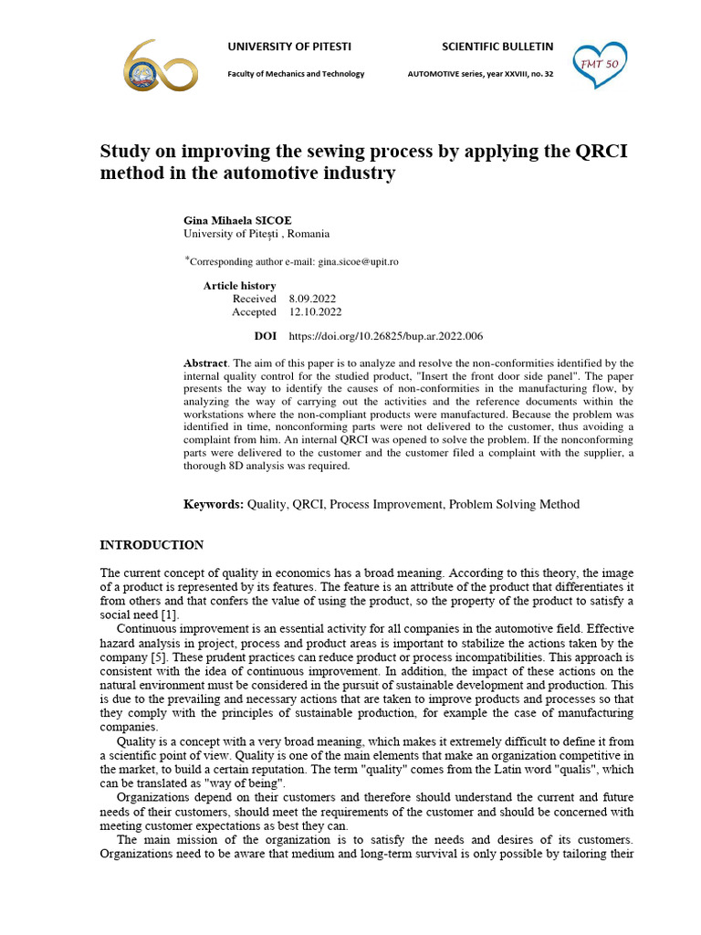 Study On Improving The Sewing Process by Applying The QRCI Method in ...